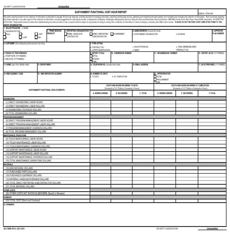 DD Form 1921-5 – Sustainment Functional Cost-Hour Report - DD Forms