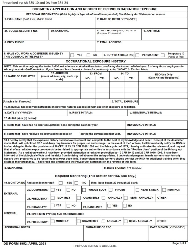 DD Form 1952 – Dosimeter Application and Record of Previous ...