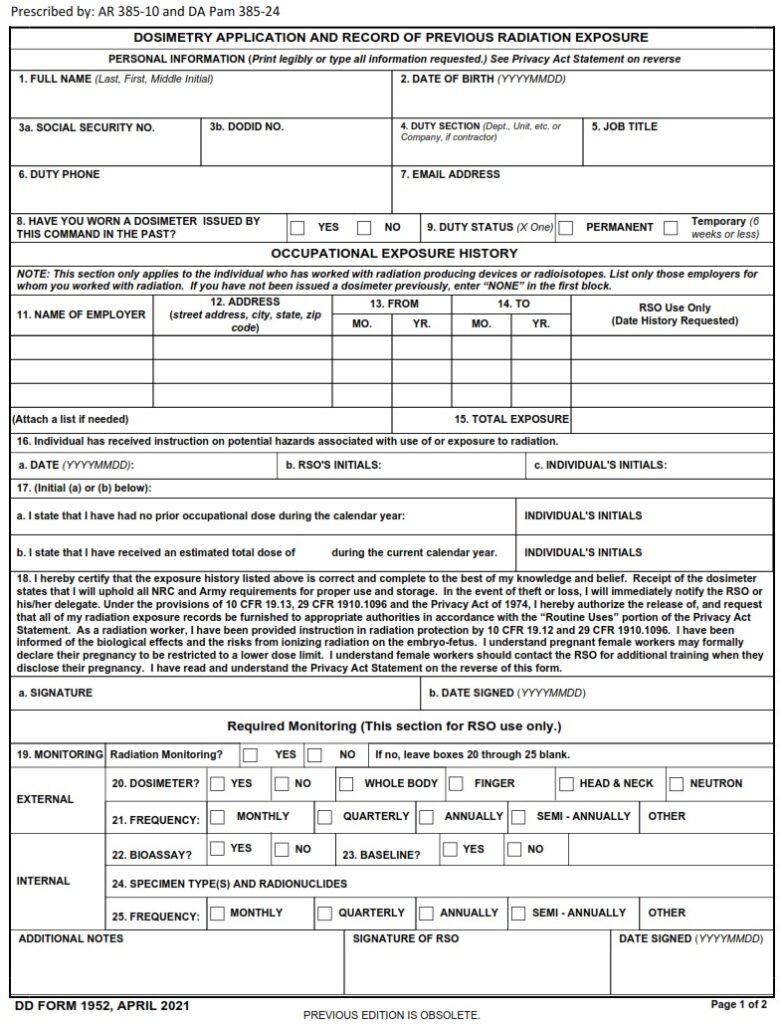 DD Form 1952 – Dosimeter Application and Record of Previous ...