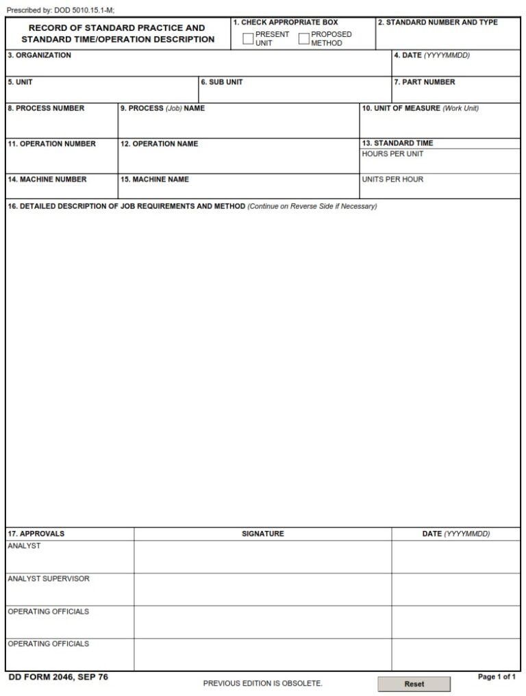 DD Form 2046 – Record of Standard Practice and Standard Time/Operation ...