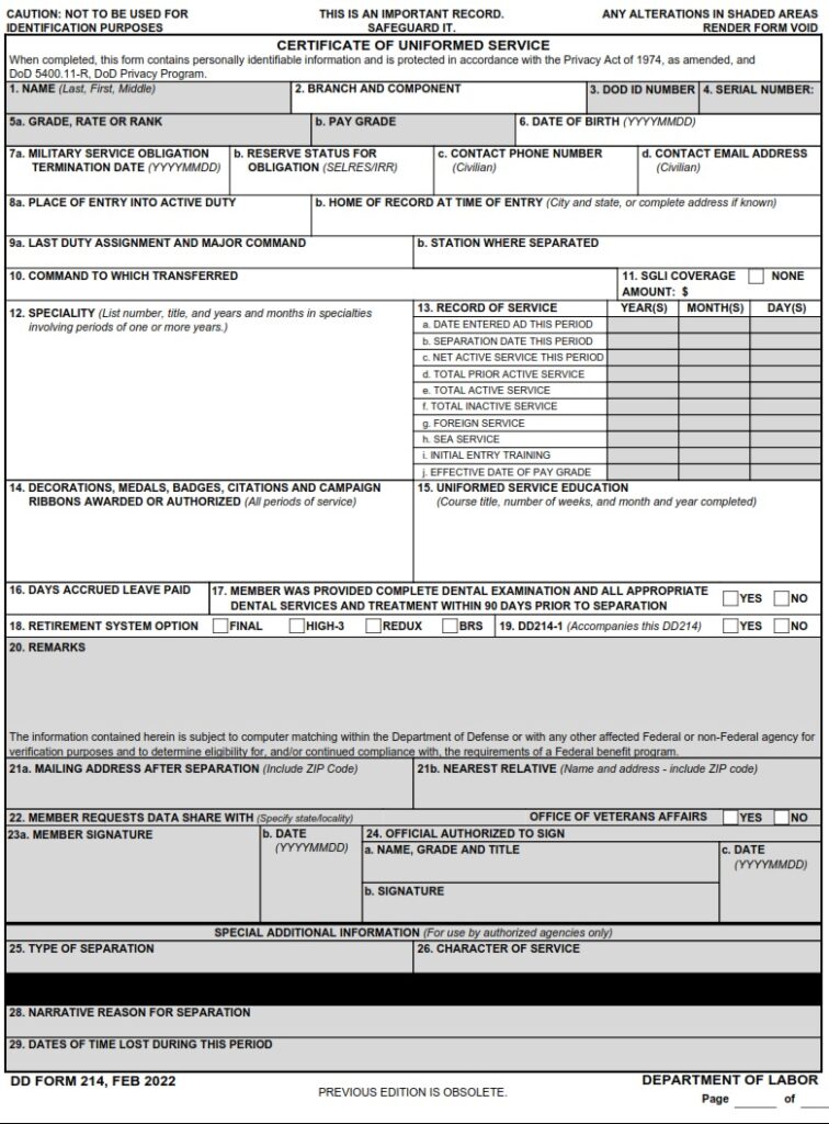 DD Form 214 – Certificate of Uniformed Service - DD Forms