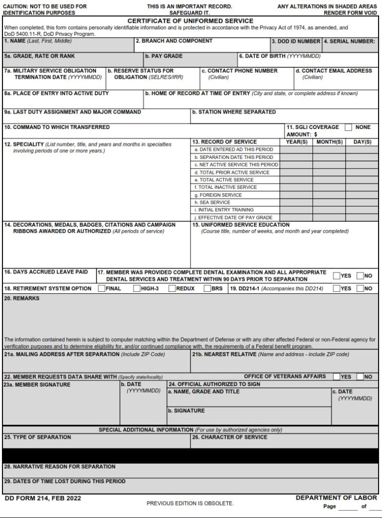 DD Form 214 – Certificate of Uniformed Service - DD Forms