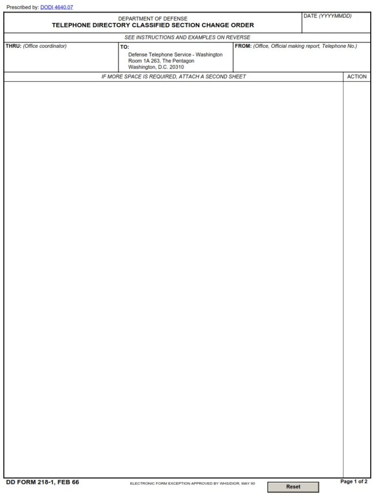 DD Form 218-1 – Telephone Directory Classified Section Change Order ...