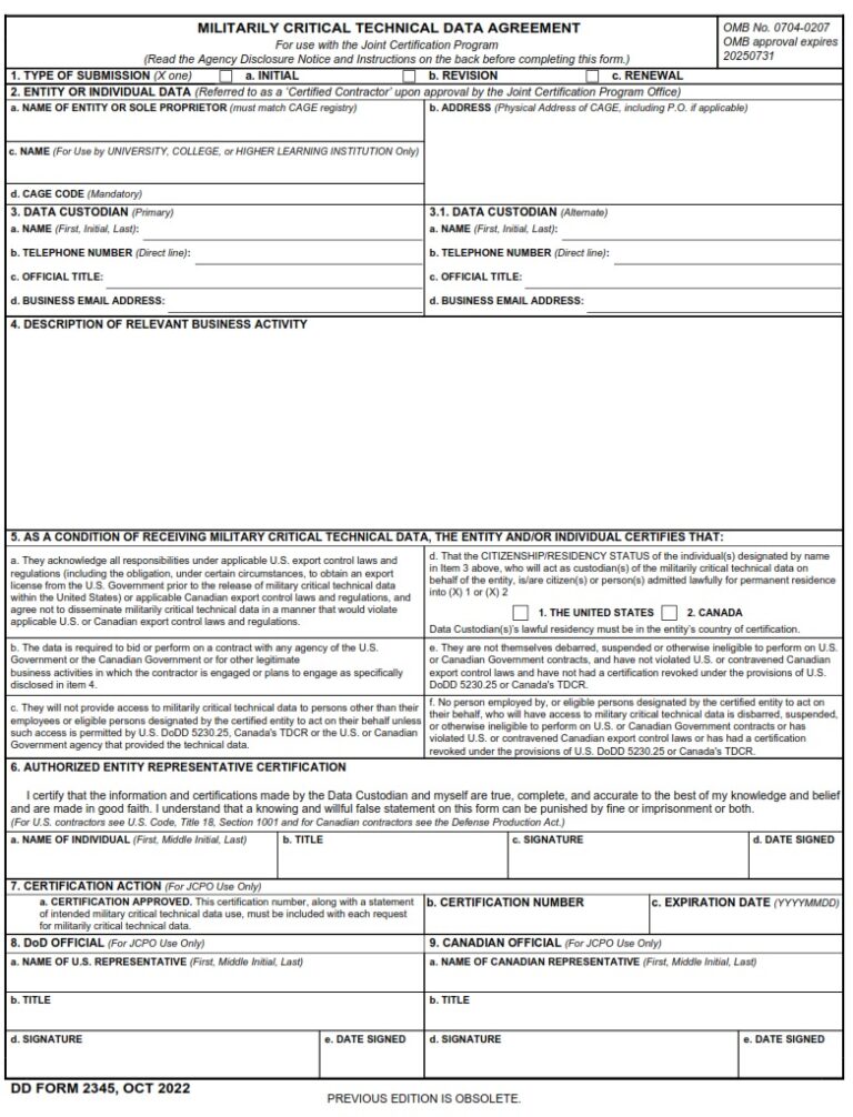 DD Form 2345 – Militarily Critical Technical Data Agreement - DD Forms