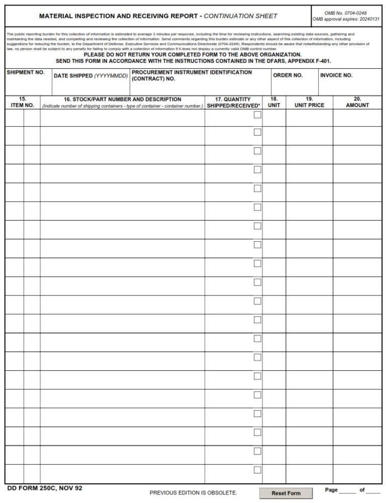 DD Form 250C – Material Inspection and Receiving Report - DD Forms
