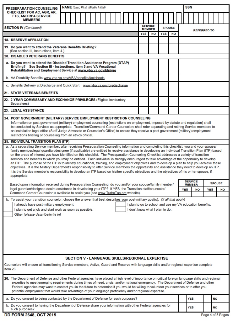 DD Form 2648 Service Member Pre Separation Transition Counseling And DD Form 2648 Service Member Pre Separation Transition Counseling And
