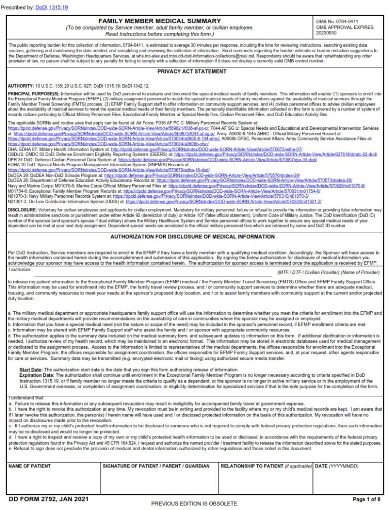 DD Form 2792 – Family Member Medical Summary - DD Forms