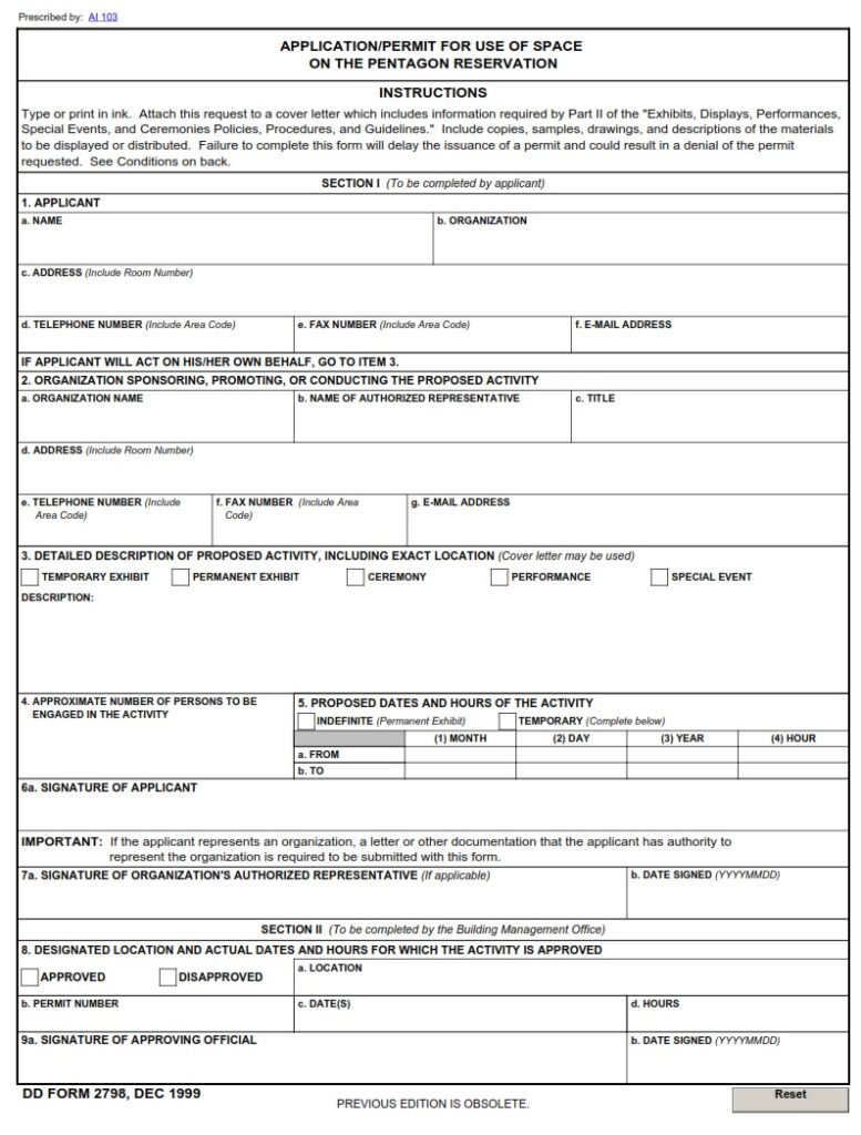 DD Form 2798 – Application/Permit for Use of Space on the Pentagon ...