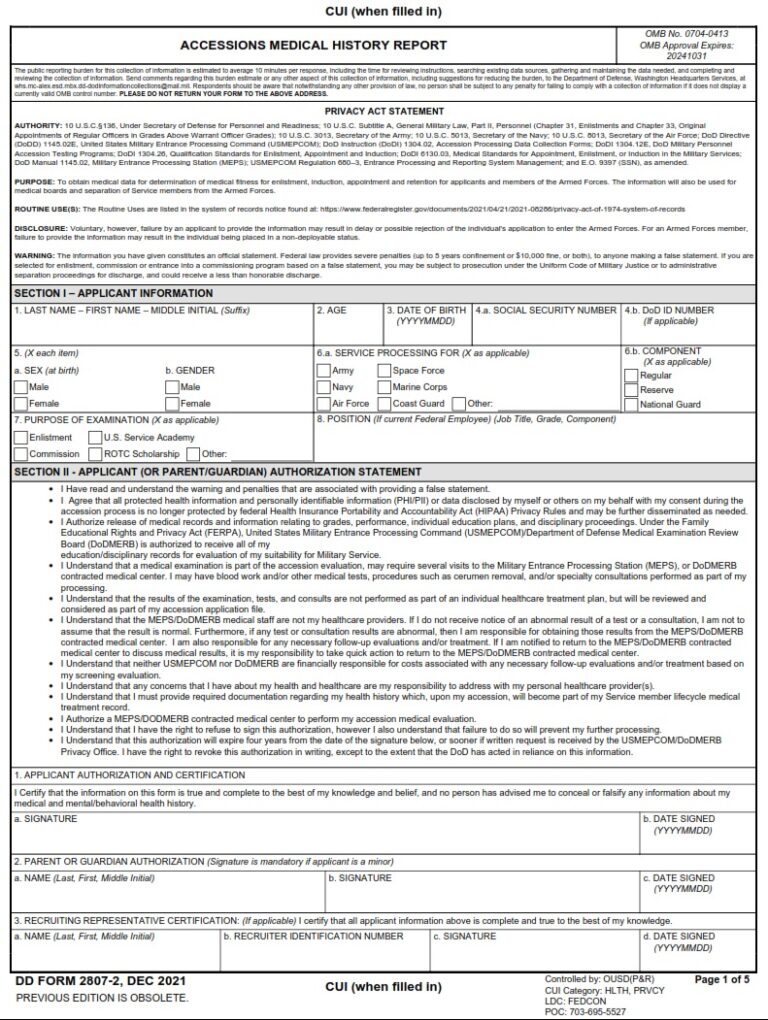 DD Form 2807-2 – Accessions Medical History Report - DD Forms