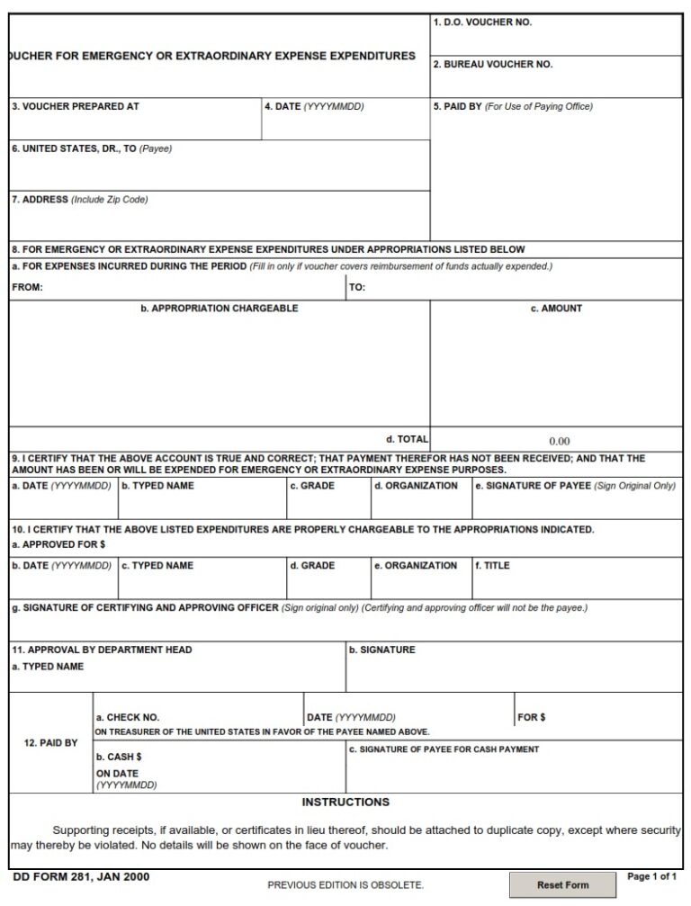 DD Form 281 Voucher For Emergency Or Extraordinary Expense DD Form 281 Voucher For Emergency Or Extraordinary Expense