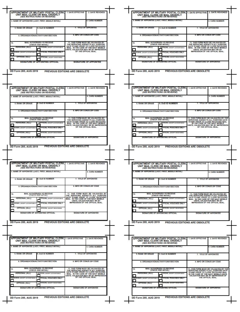 DD Form 285 – Appointment of Military Postal Clerk, Unit Mail Clerk or ...