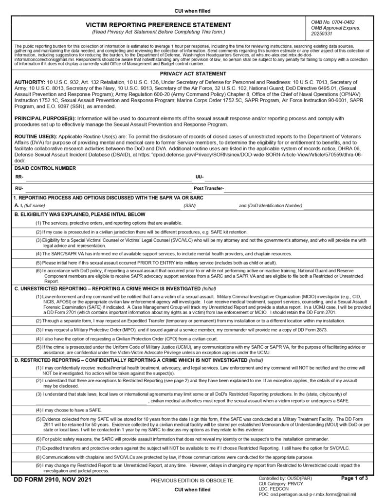 DD Form 2910 – Victim Reporting Preference Statement (Accessible using ...
