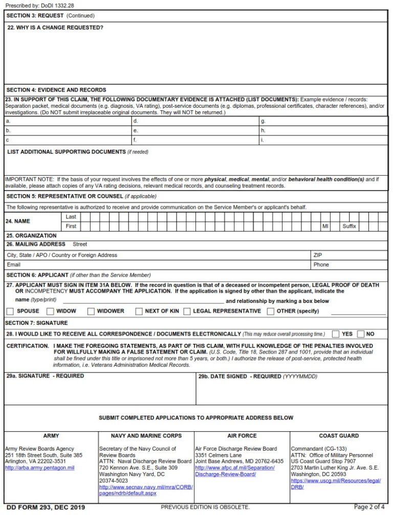 DD Form 293 – Application for the Review of Discharge from the Armed ...