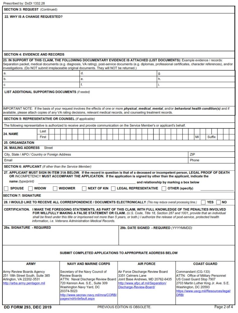 DD Form 293 – Application for the Review of Discharge from the Armed ...