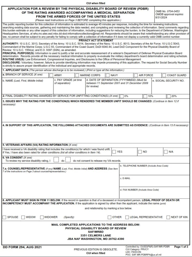 DD Form 294 – Application for a Review by the Physical Disability Board ...