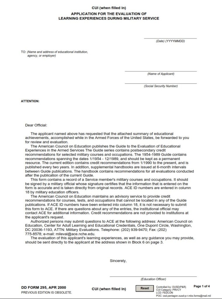 DD Form 295 – Application for the Evaluation of Learning Experiences ...