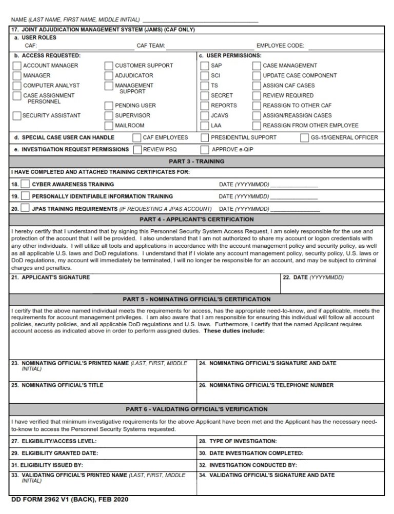 DD Form 2962 – Personnel Security System Access Request (Pssar ...