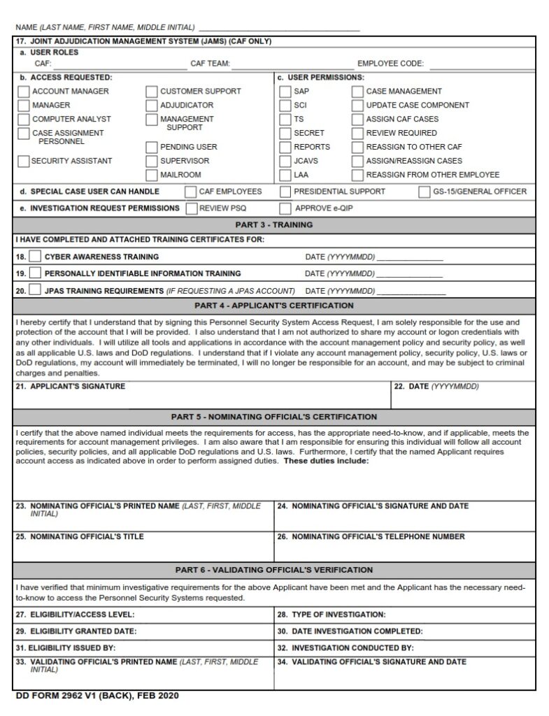 DD Form 2962 – Personnel Security System Access Request (Pssar ...
