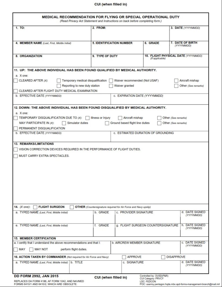 DD Form 2992 – Medical Recommendation for Flying or Special Operational ...