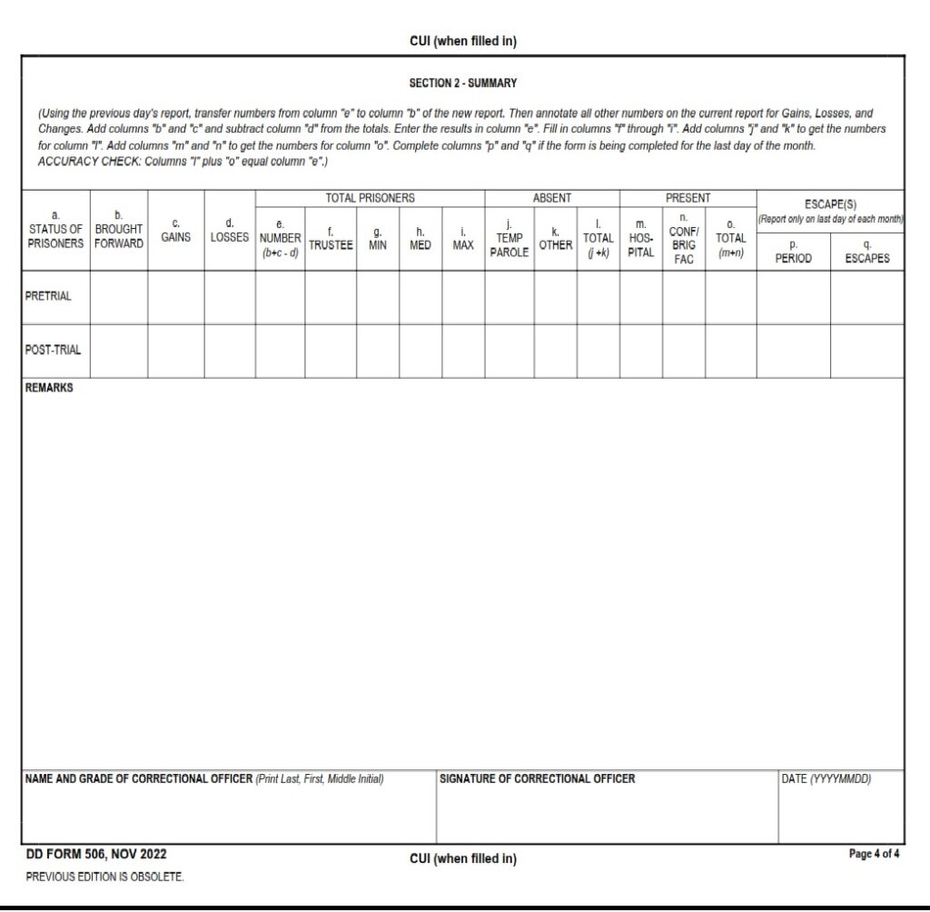 DD Form 506 – Daily Strength Record of Prisoners - DD Forms