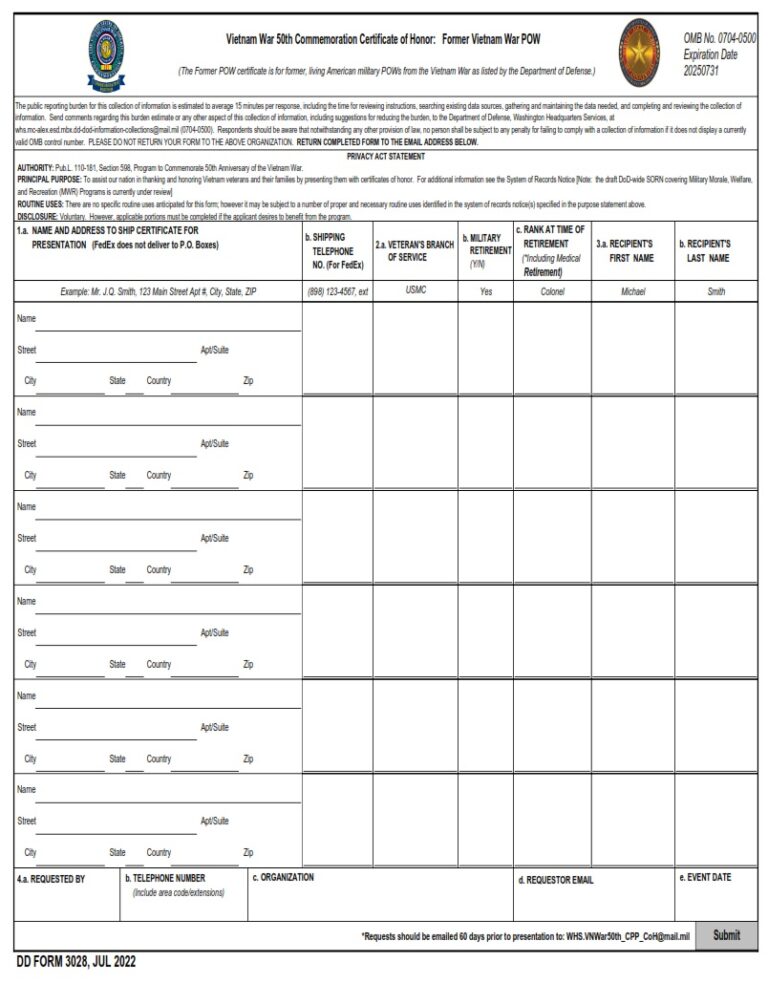 DD Form 3028 – Vietnam War 50th Commemoration Certificate of Honor ...