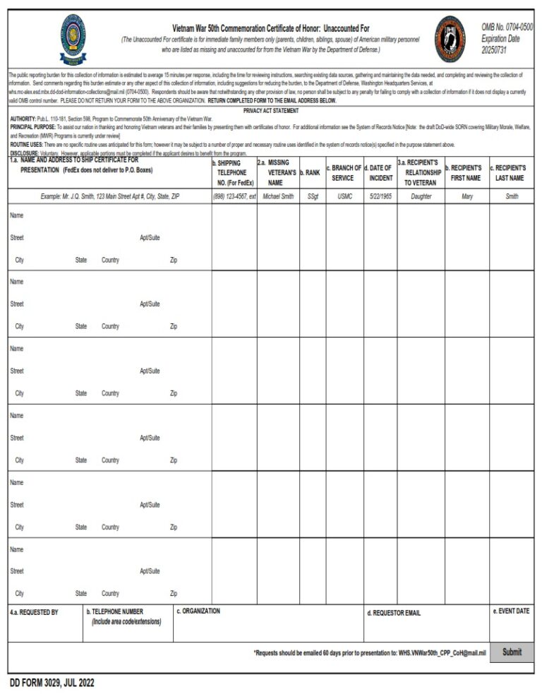 DD Form 3029 – Vietnam War 50th Commemoration Certificate of Honor ...