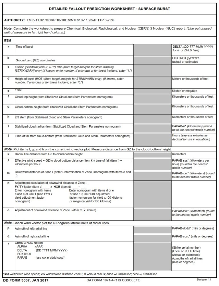 DD Form 3037 – Detailed Nuclear Fallout Prediction Worksheet – Surface ...