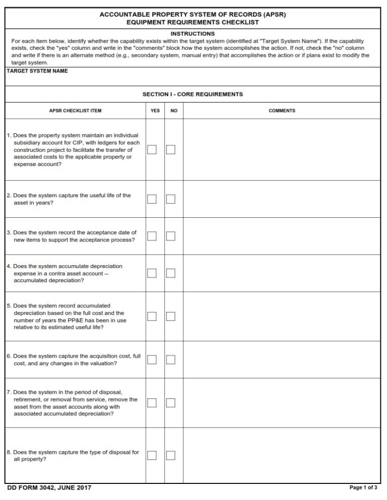 DD Form 3042 – Accountable Property System of Records (APSR) Equipment ...