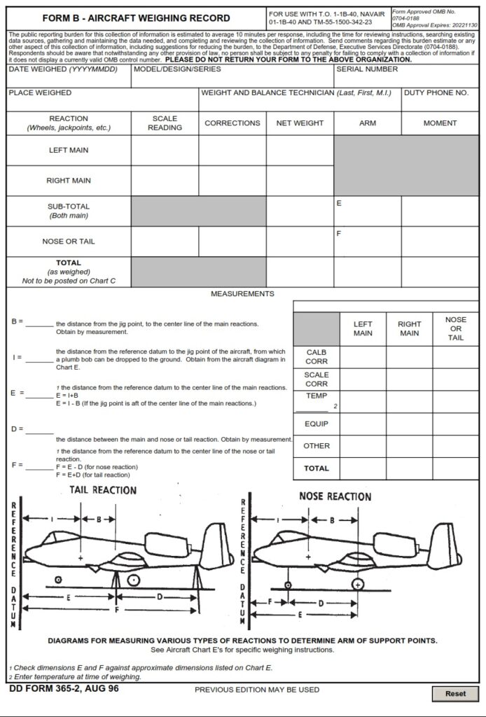 DD Form 365-2 – Form B – Aircraft Weighing Record - DD Forms