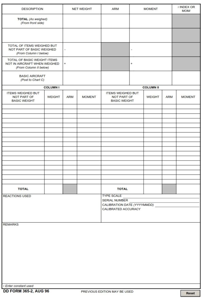 DD Form 365-2 – Form B – Aircraft Weighing Record - DD Forms