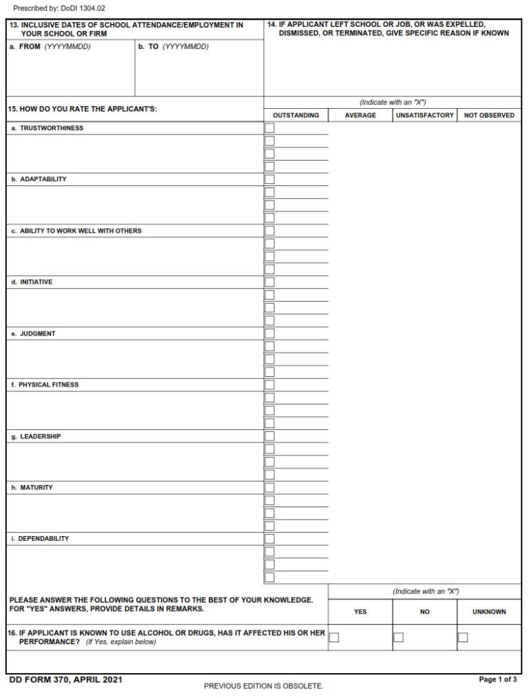DD Form 370 – Request for Reference - DD Forms