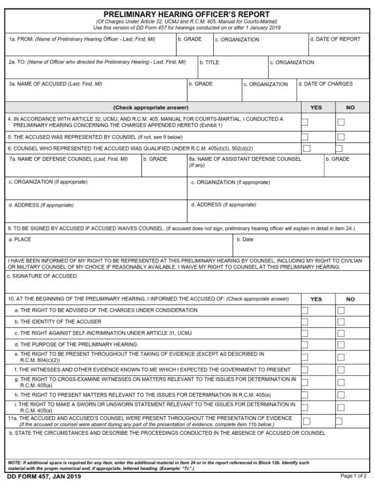 DD Form 457 – Preliminary Hearing Officer’s Report - DD Forms