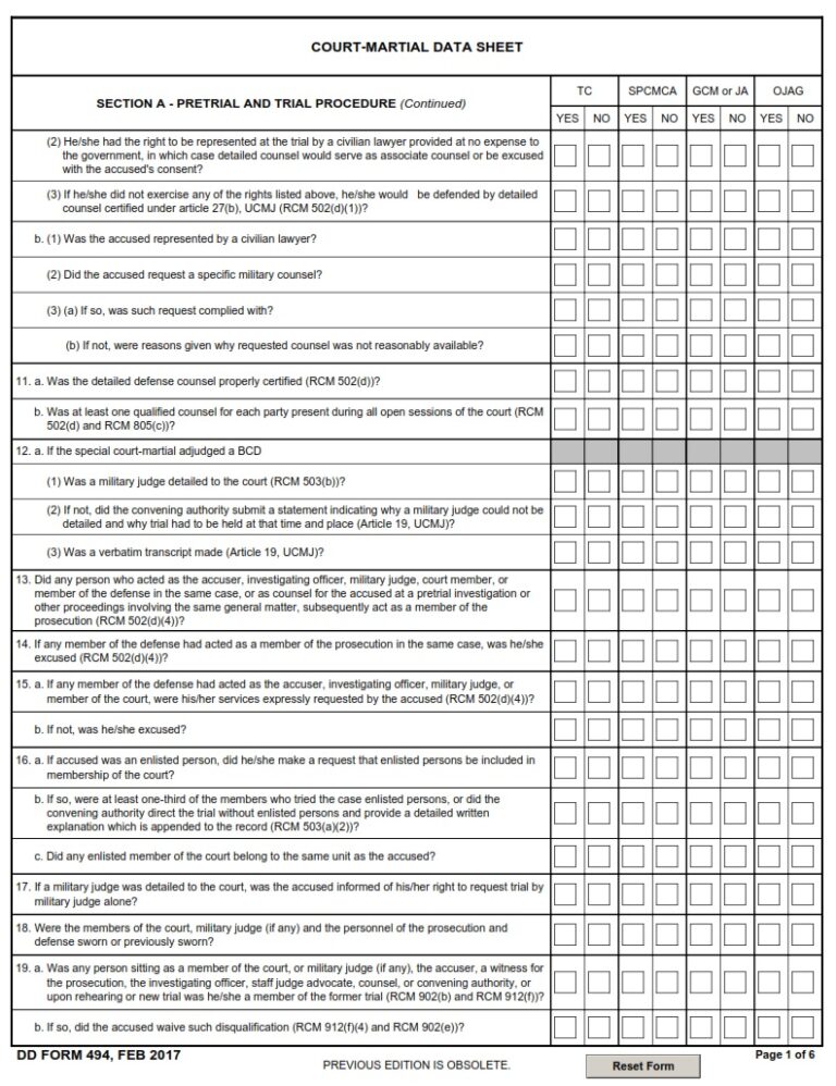 DD Form 494 – Court-Martial Data Sheet - DD Forms