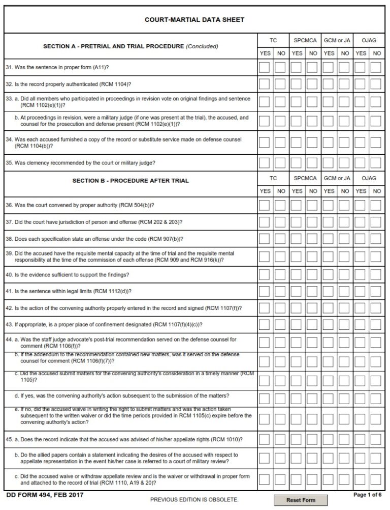 DD Form 494 – Court-Martial Data Sheet - DD Forms