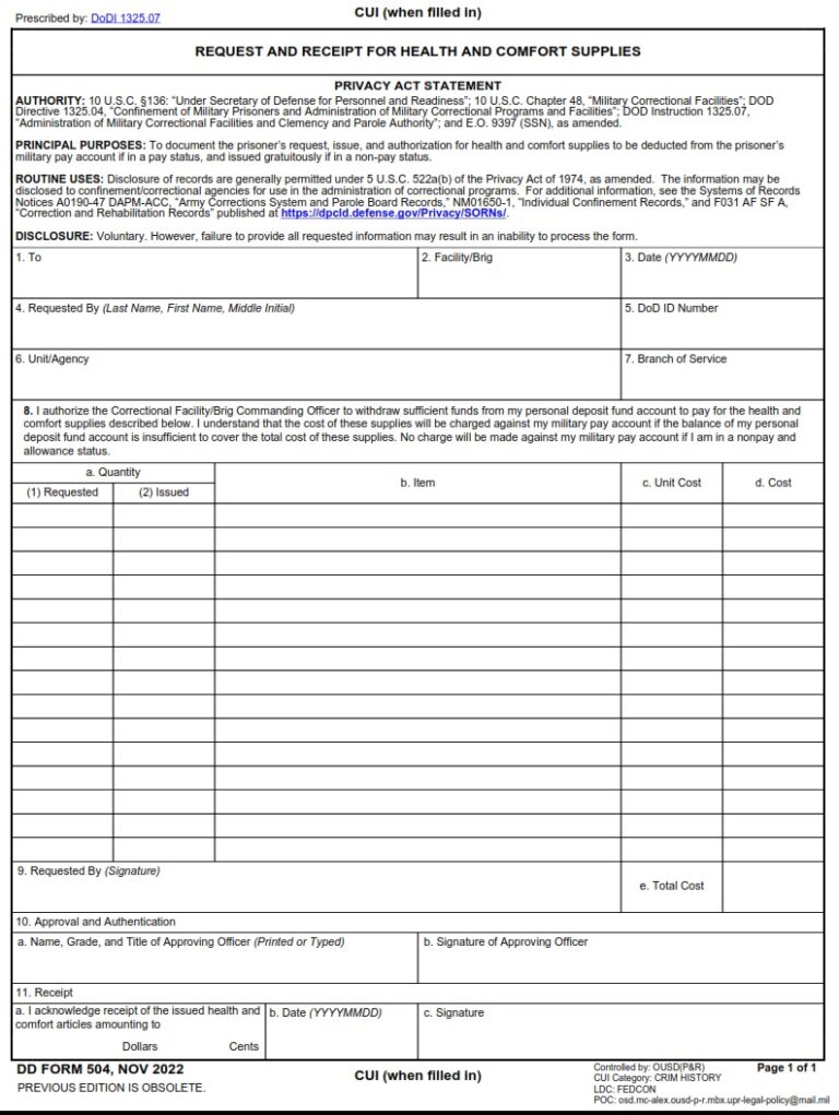DD Form 504 – Request and Receipt for Health and Comfort Supplies - DD ...