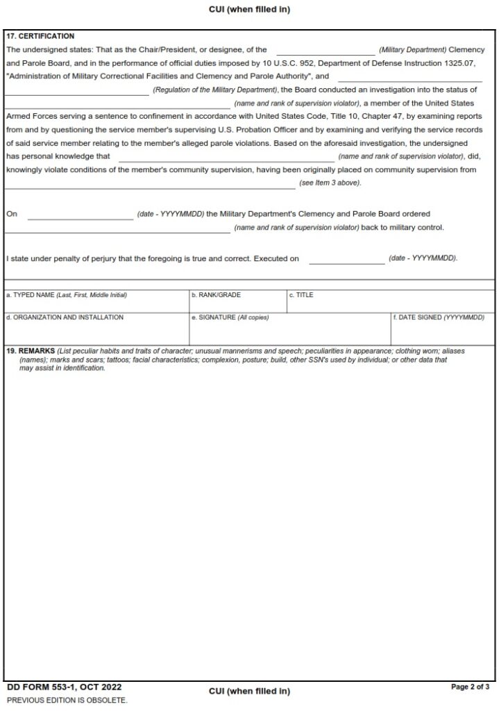 DD Form 553-1 – Parole/Mandatory Supervised Release (MSR) Violator ...