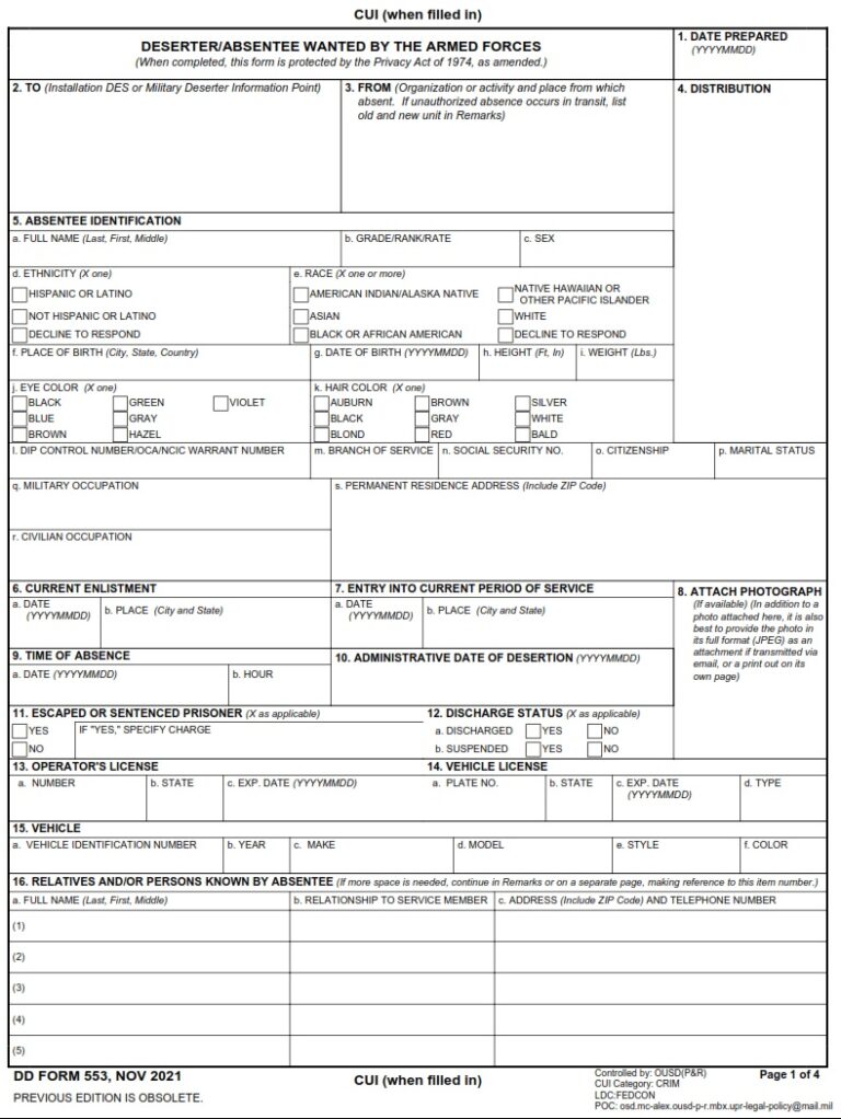 Dd Form 553 Deserter Absentee Wanted By The Armed Forces Dd Forms