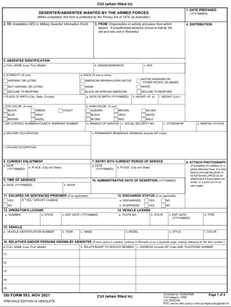 DD Form 553 – Deserter/Absentee Wanted by the Armed Forces - DD Forms
