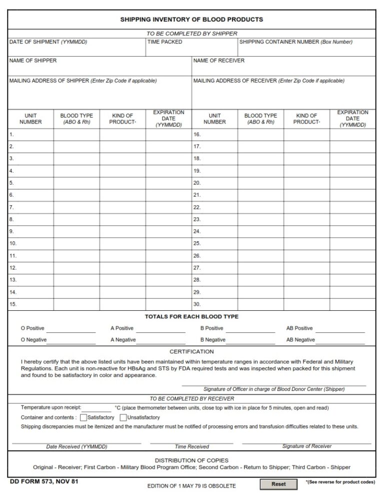 DD Form 573 – Shipping Inventory of Blood Products - DD Forms