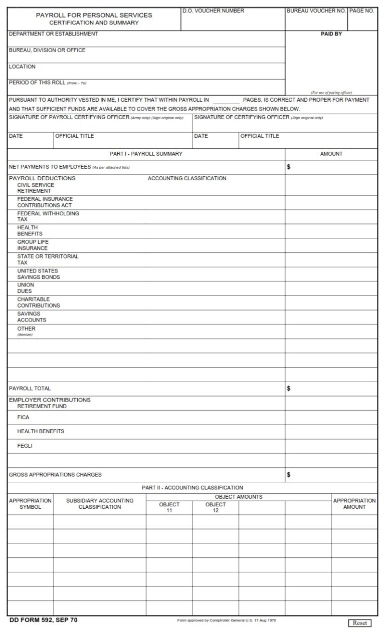 DD Form 592 – Payroll for Personal Services Certification and Summary ...