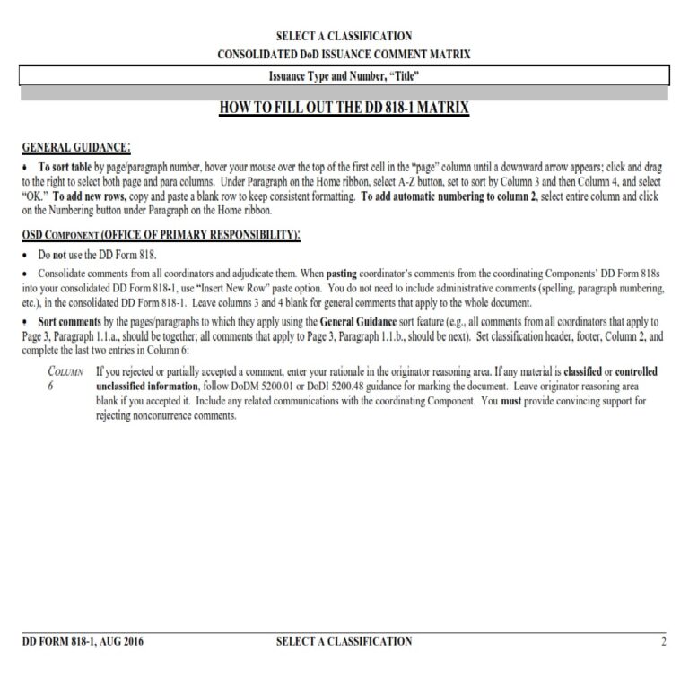 DD Form 818-1 – Consolidated DoD Issuance Comment Matrix - DD Forms