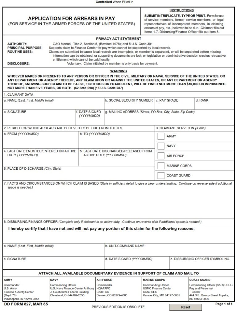 DD Form 827 – Application For Arrears in Pay - DD Forms