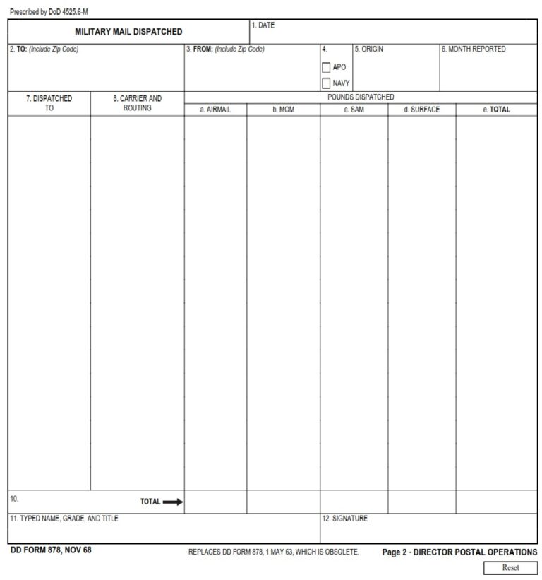 DD Form 878 – Military Mail Dispatched - DD Forms