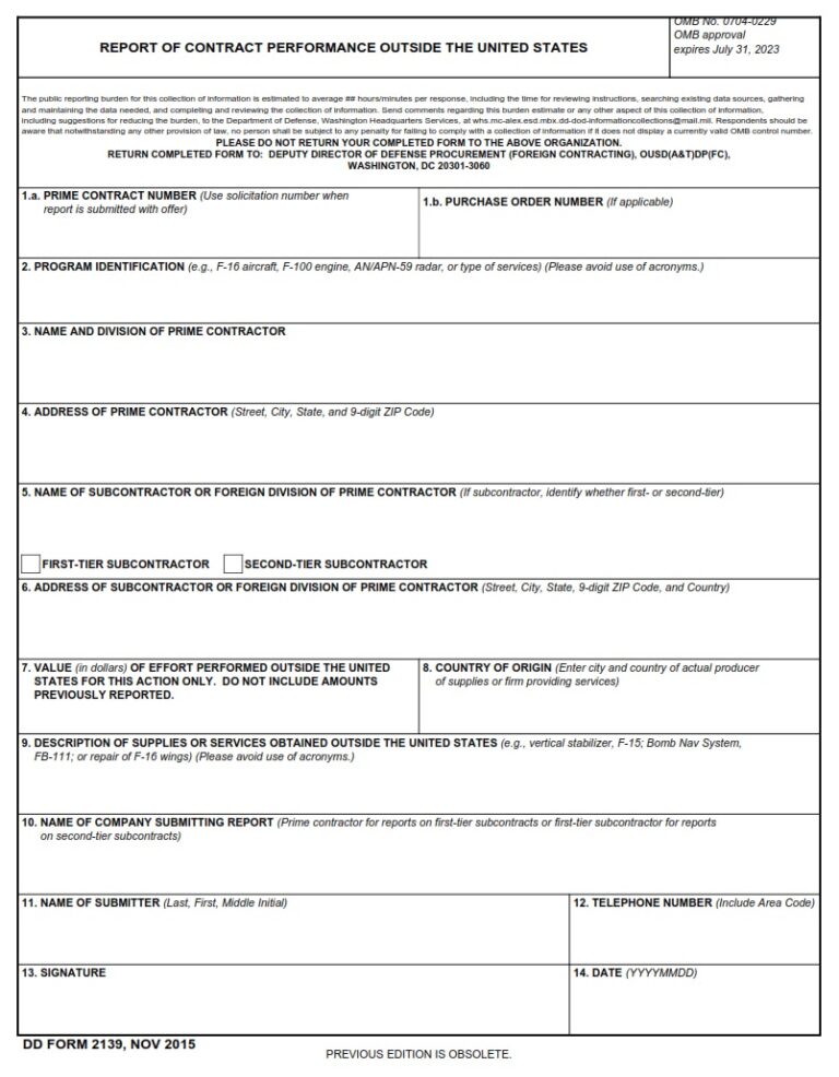 DD Form 2139 – Report of Contract Performance Outside the United States ...