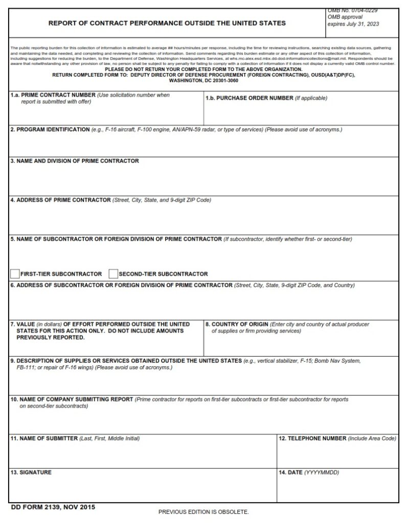 DD Form 2139 – Report of Contract Performance Outside the United States ...