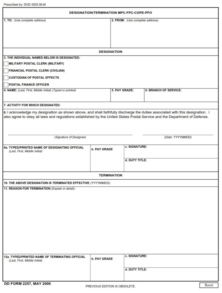 DD Form 2257 – Designation/Termination MPC-FPC-COPE-PFO - DD Forms