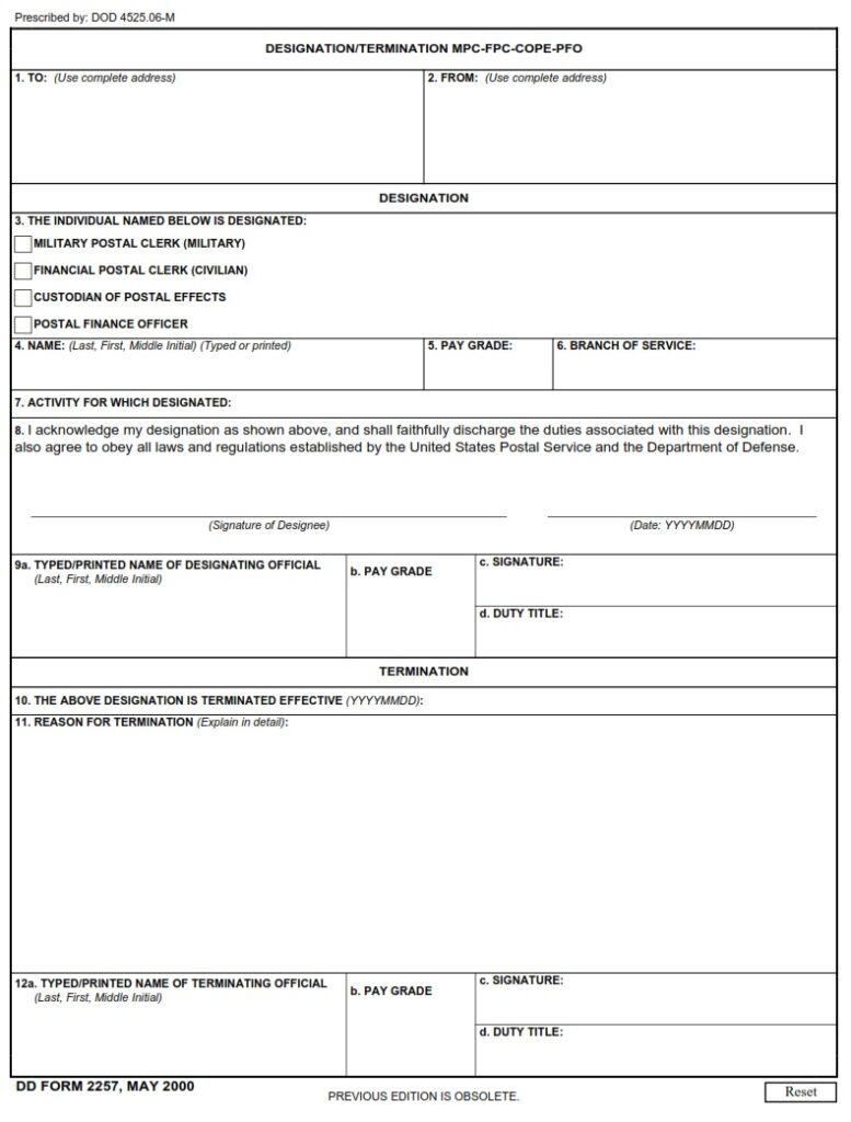 DD Form 2257 – Designation/Termination MPC-FPC-COPE-PFO - DD Forms