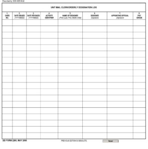 DD Form 2260 – Unit Mail-Clerk/Orderly Designation Log - DD Forms