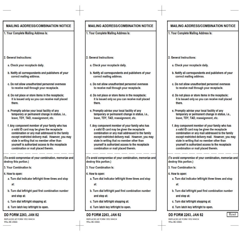 DD Form 2263 – Mailing Address/Combination Notice - DD Forms