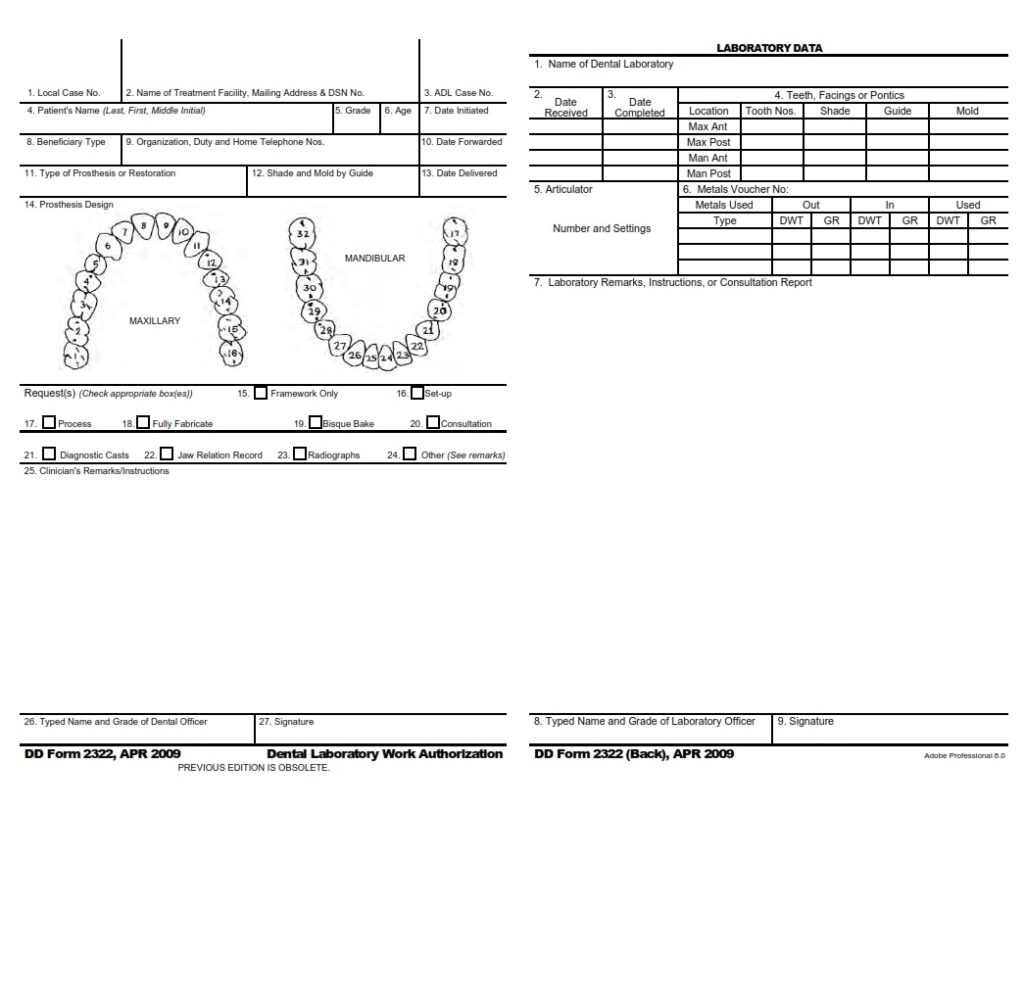 DD Form 2322 – Dental Laboratory Work Authorization - DD Forms